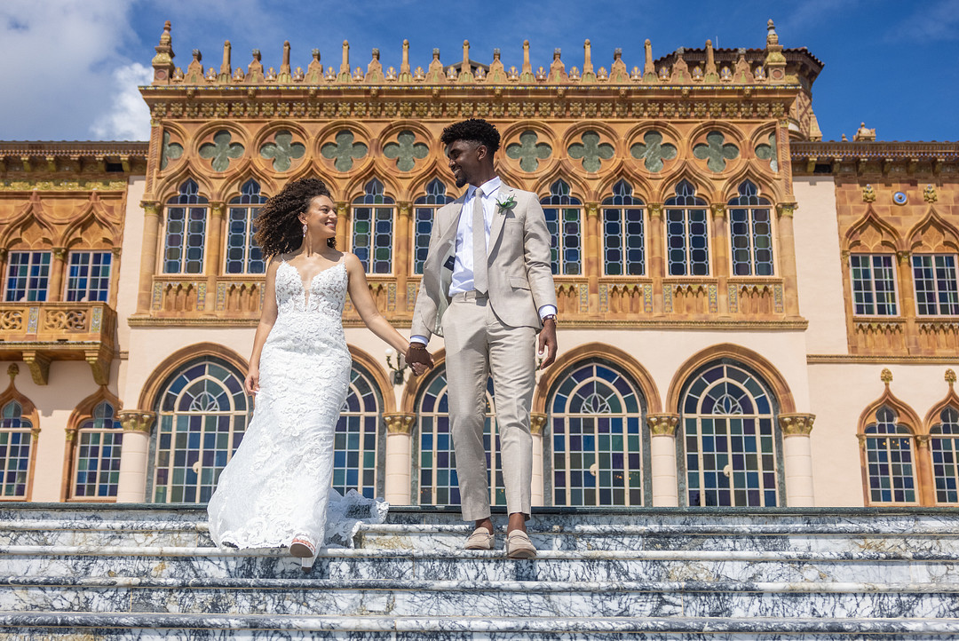 Kyaira and Xavier's Wedding Photo Shoot at Ca’ d’Zan Ringling Museum - Brides & Weddings Magazine